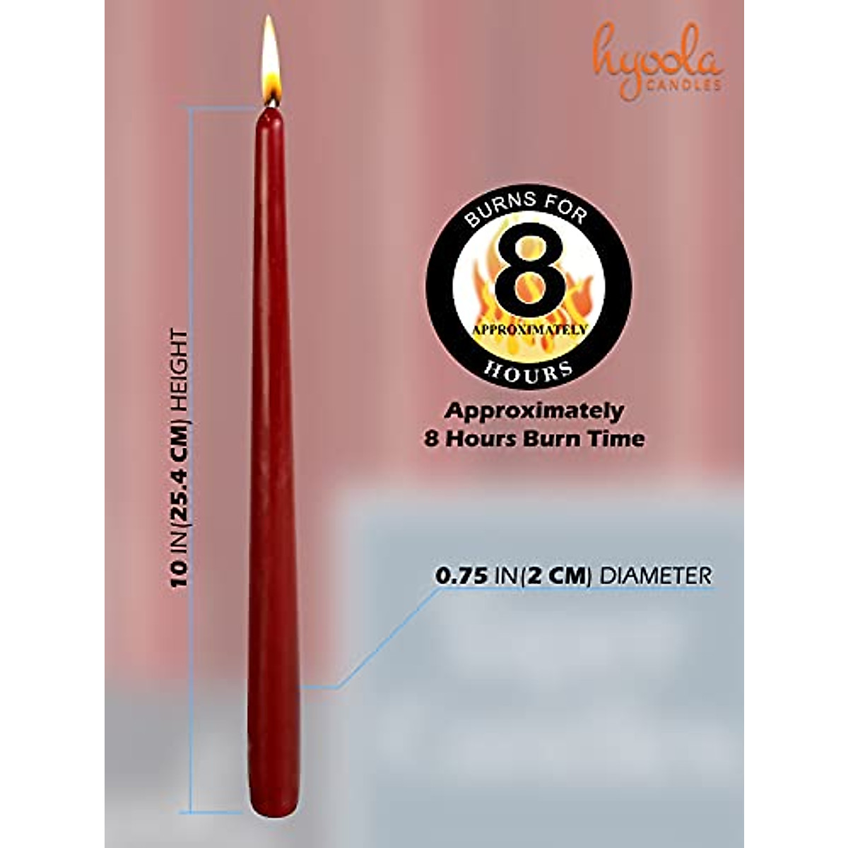 12 Pack Tall Taper Candles - 10 Inch Burgundy Dripless, Unscented Dinner Candle - Paraffin Wax with Cotton Wicks - 8 Hour Burn Time