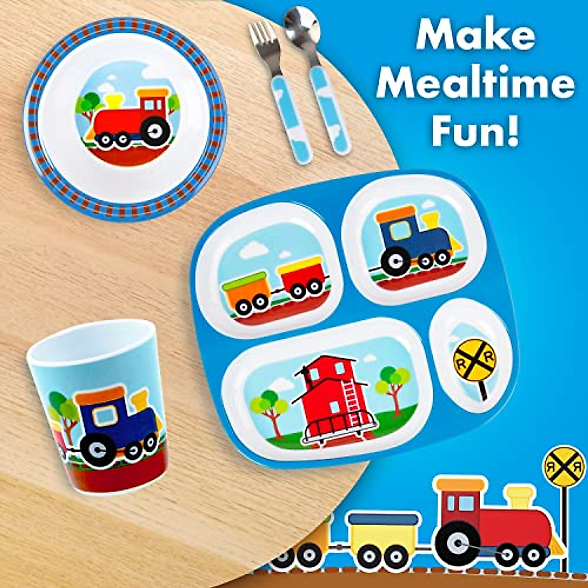 5 Pc Mealtime Set for Kids & Toddlers, Train Theme-Includes Divided Plate, Bowl, Fork & Spoon - Dishwasher Safe, Durable, BPA Free-Cute Compartment Dish to Put Food in 4 Sections for Easy Self-Feeding
