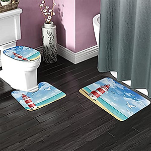 WONDERTIFY Lighthouse Bathroom Antiskid Pad Beach Bright Cloud Blue Sky 3 Pieces Bathroom Rugs Set, Bath Mat+Contour+Toilet Lid Cover Colorful