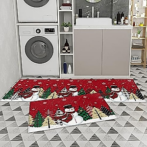 Miaklek Christmas Kitchen Rugs Anti Fatigue Mats for Kitchen Floor Cushioned Kitchen Rugs and Mats Non Slip Kitchen Runner Comfort Standing Mat, Cute Snowman Xmas Tree Winter Snowflake Red