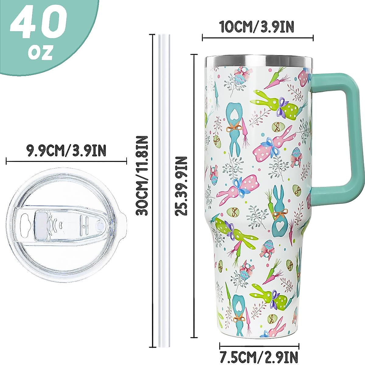 Nqhsionv Easter Tumbler with Handle 40 oz Easter Bunny Coffee Travel Mug Stainless Steel Rabbit Insulated Cup Happy Easter Decor Gifts