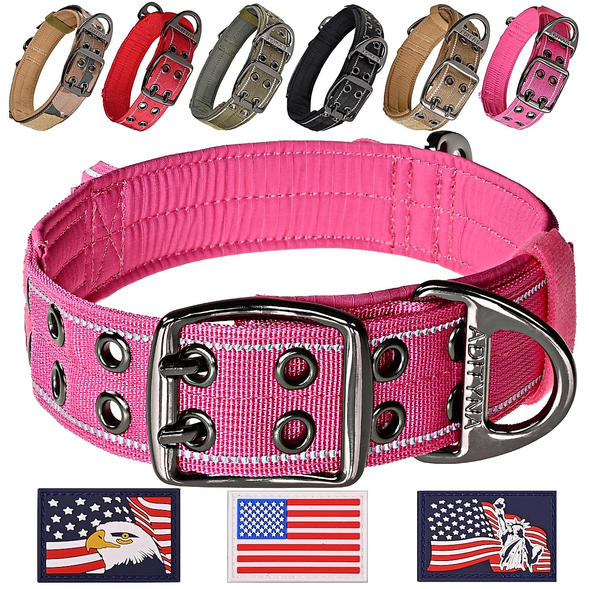 ADITYNA Heavy Duty Dog Collar with Handle - Reflective Pink Dog Collar for Large Girl Dogs - Wide, Thick, Tactical, Soft Padded - Perfect Dog Collar for Training, Walking, or Hunting