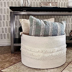 TIMEYARD Large Decorative Basket, 21.7'' x 13.8'' Cotton Rope Blanket Basket Living Room Toy Baskets Storage Kids, Baby Laundry Baskets for Dirty Clothes Pillows Towel, 90L White