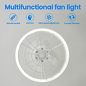 YUZEAL 18.9 Inch Low Profile Ceiling Fans with Lights and Remote, Modern Small bladeless Farmhouse Caged Round Flush Mount Dimmable LED Lighting, Memory, 3 Colors, Reversible Blades (White)