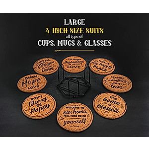Coasterlux Cork Coasters for Drinks Absorbent with Holder - Cute & Funny Set of 8 Large Round Outdoor Cup Coasters for Wooden Table Protection, Coffee Trivet, Cups and Mugs - Cool Drink Coaster Gift