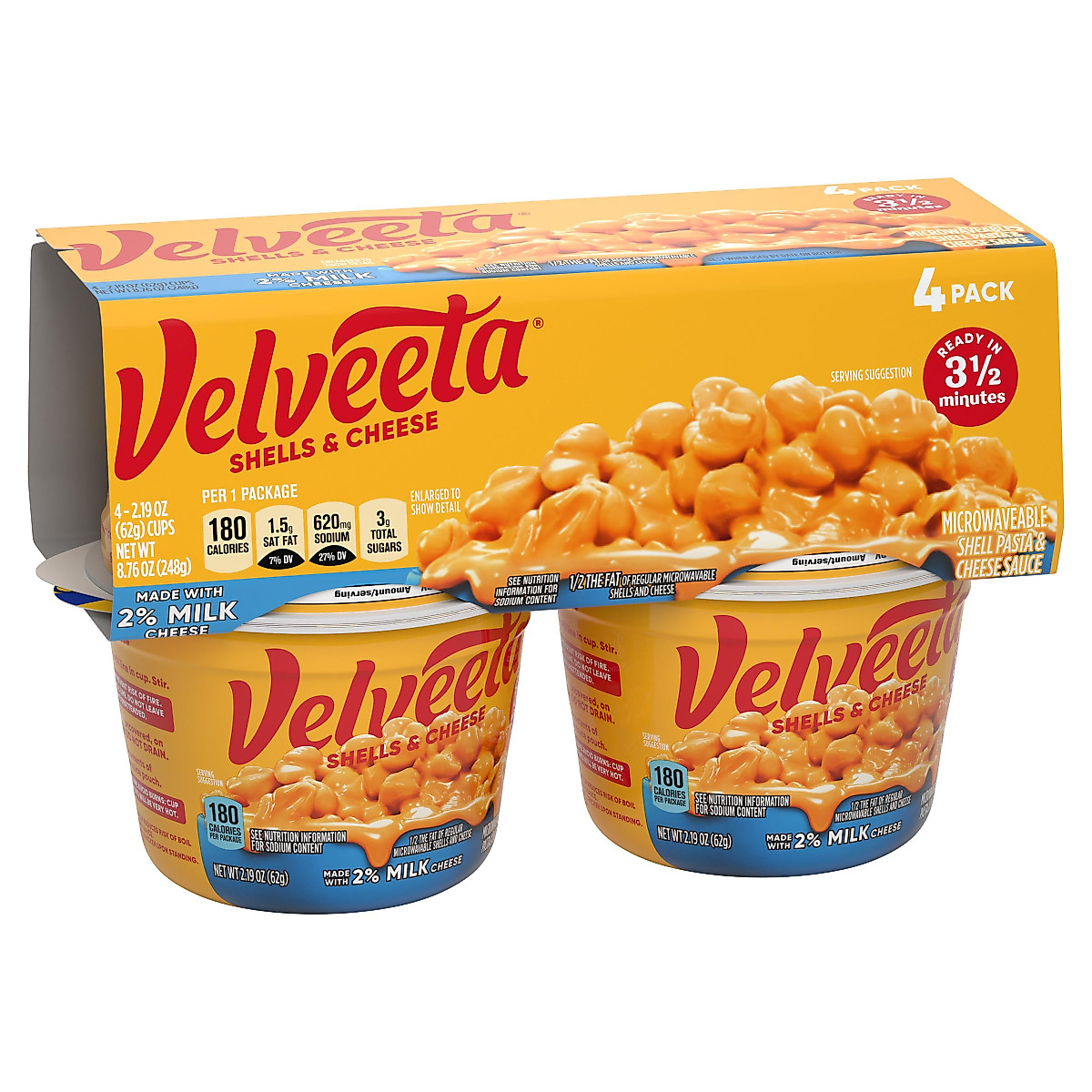 Velveeta Shells & Cheese Microwaveable Shell Pasta with 2% Milk Cheese, 4 ct Pack, 2.19 oz Cups
