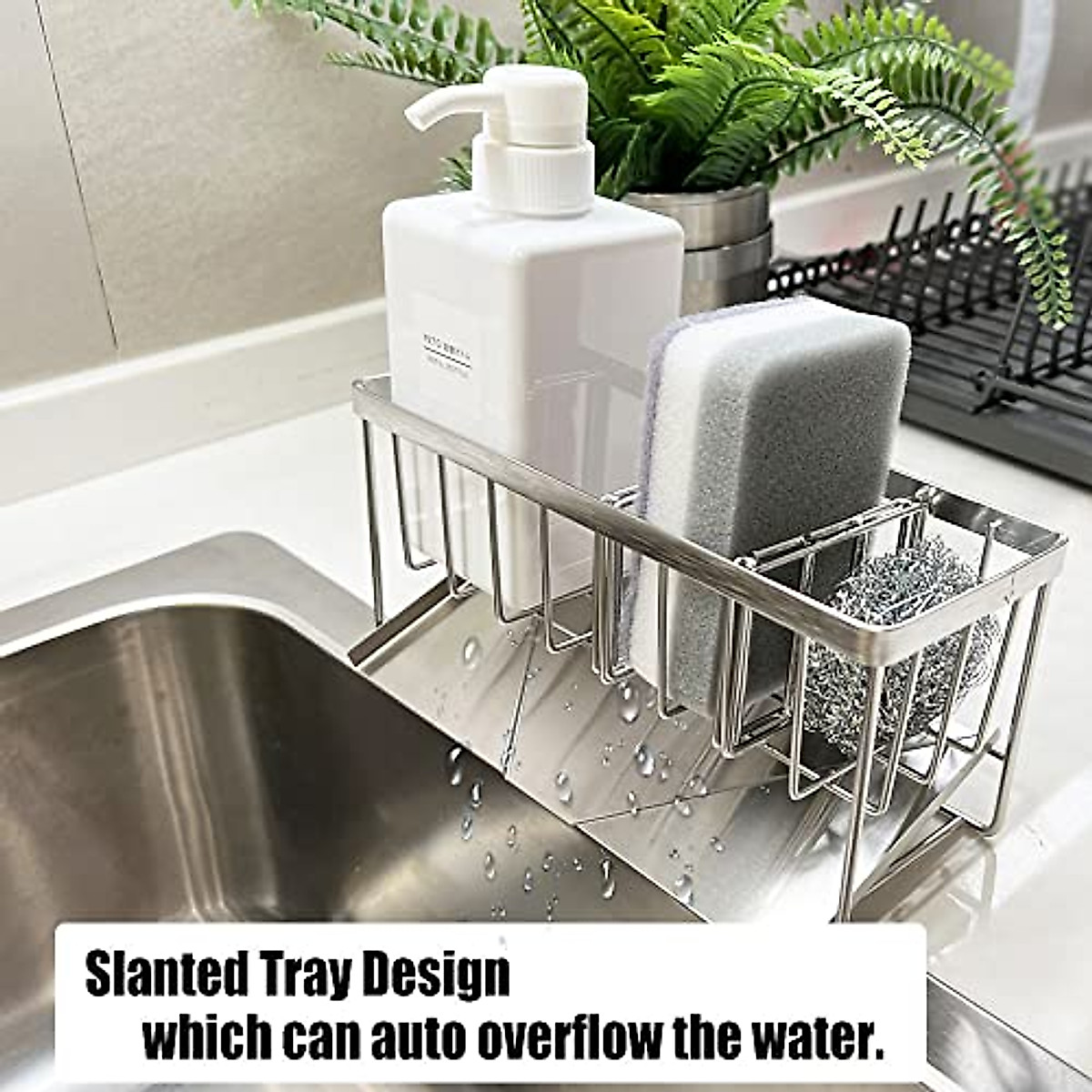 AUTO REVIVO [Upgraded] Sponge Holder for Kitchen Sink, Stainless Steel Sponge Rack with Auto Overflow, Multifunctional Kitchen Sink Caddy Organizer, Soap Dish Dispenser Brush Holder