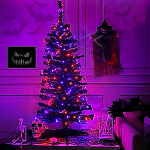 TURNMEON 4 Ft 80 LED Orange Purple Lighted Halloween Tree Decor with Timer DIY 25 Bats Ornament Battery Powered Full Artificial Black Xmas Christmas Tree Halloween Decorations Home Indoor Outdoor