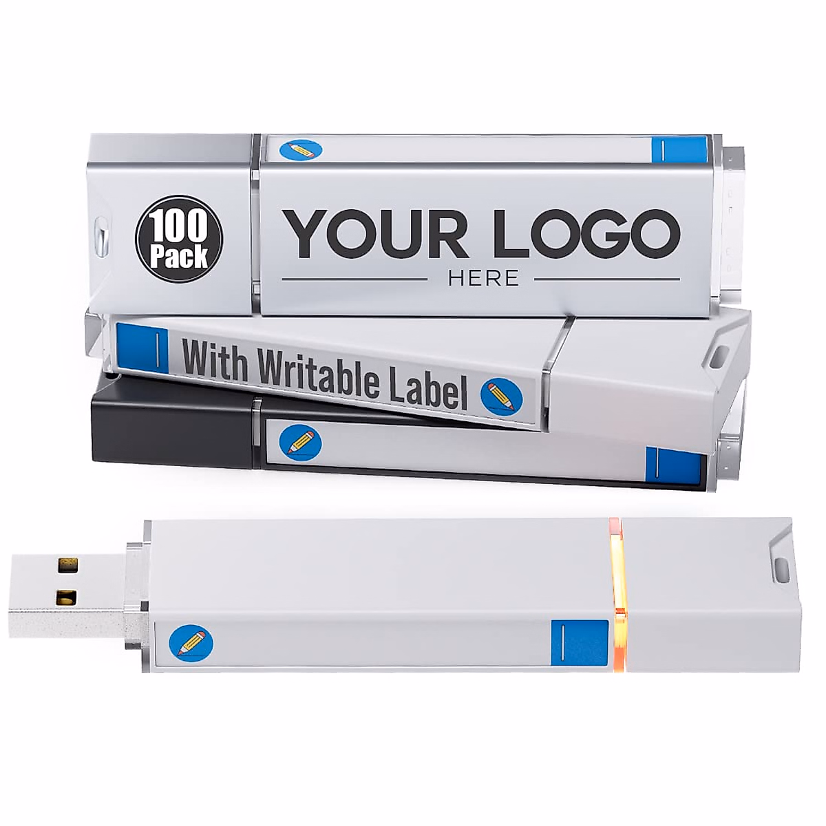 Customized USB Flash Drive Personalized Memory Stick with Writable Labels Logo Printed Jump Drive 8GB 100 PACK