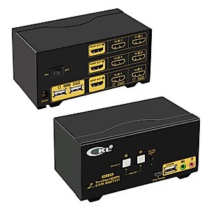 CKL Triple Monitor HDMI KVM Switch 2 Port with Audio and USB 2.0 HUB, PC Monitor Keyboard Mouse Switcher Box Mirrored or Extended Display 4K@30Hz for Computers and Laptops CKL-923HUA