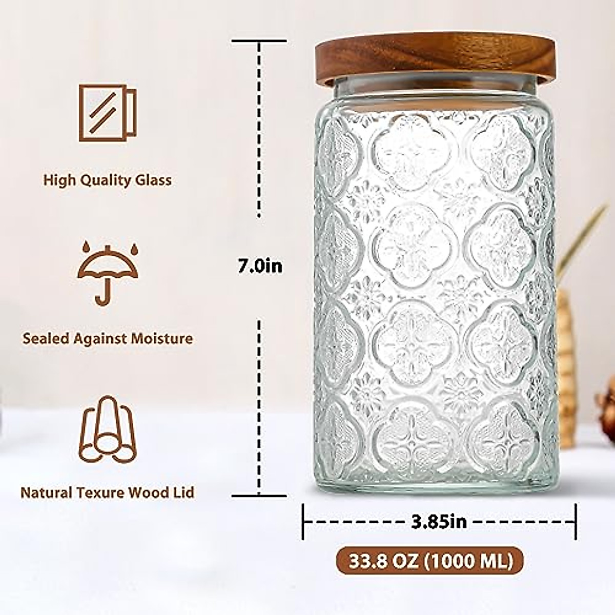 34 OZ/2 PCS Glass Storage Jar with Airtight Bamboo Wooden Lids, Vintage Food Containers Canisters Sets for Kitchen Counter Pantry, Sugar, Flour, Candy, Tea, Coffee Beans, Oats, Grain Bin, Pasta, Cereal