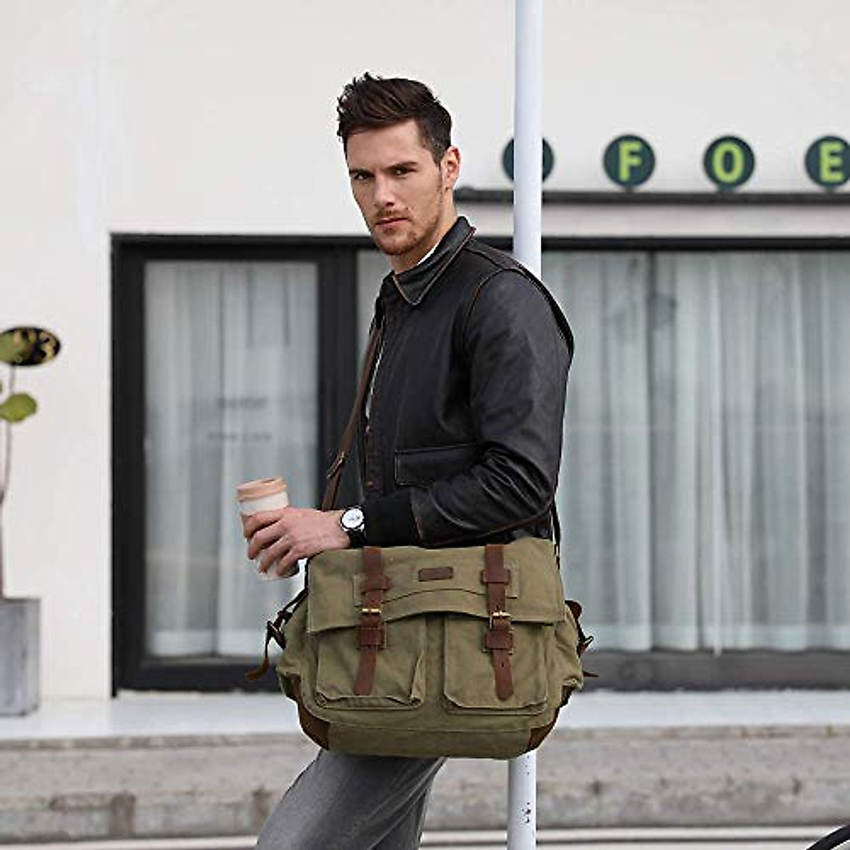 Kattee Military Messenger Bag Canvas Leather Shoulder Bag Fits 15.6 Inch Laptop (Army Green)