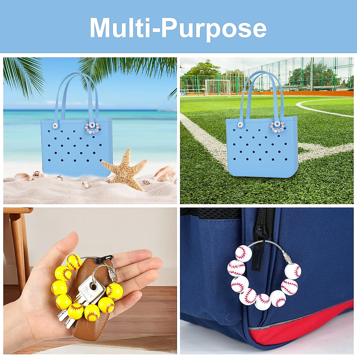 Renyqatt Baseball Charms for Bogg Bag and Simply Southern Tote, Sports Wooden Beads Accessories Charm for Beach Tote Bag, Accessories for Customizing Your Bag (Baseball Pattern)