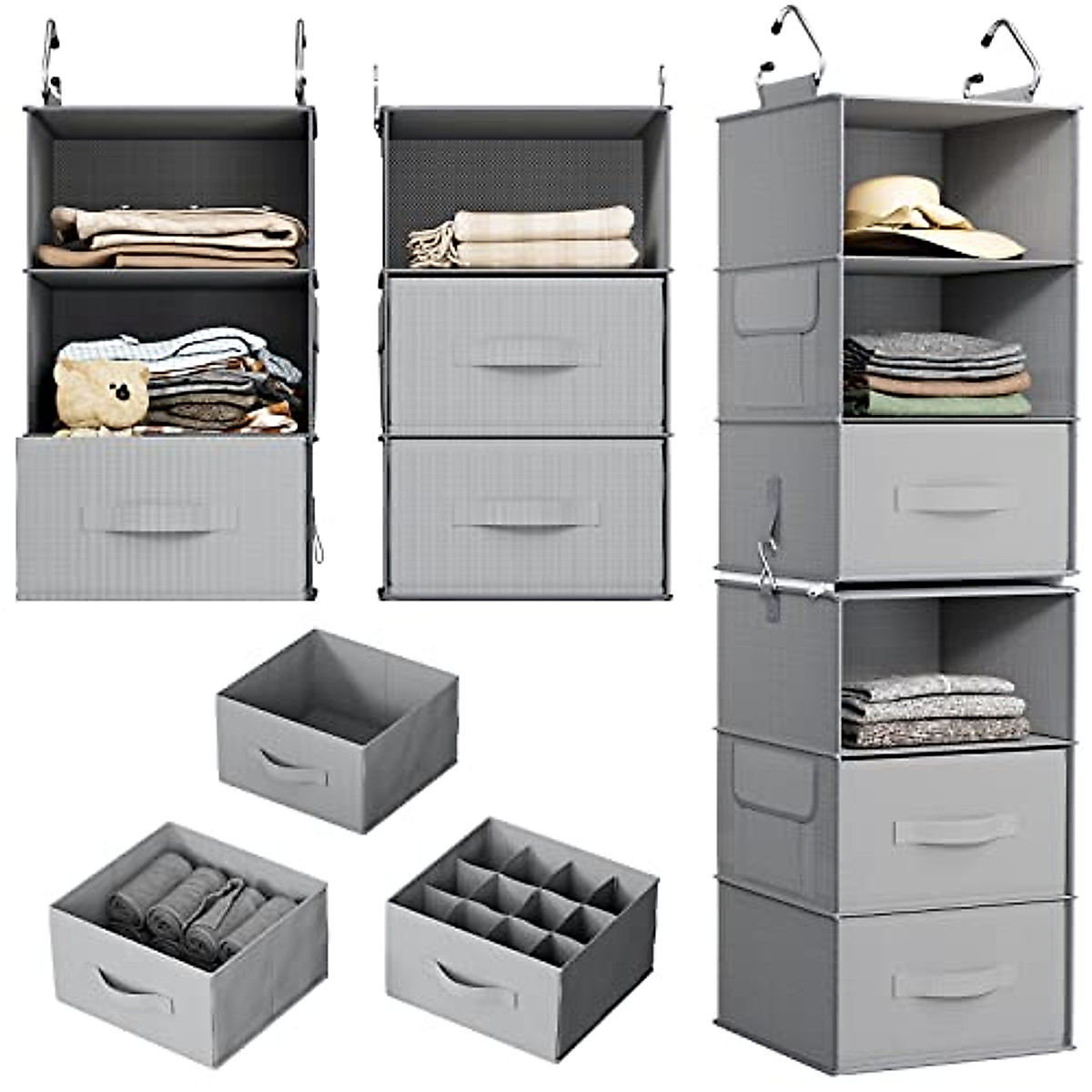 Pipishell Hanging Closet Organizer 6-Shelf, Hanging Shelves for Closet with 3 Removable Drawers & Side Pockets, Hanging Shelf Organizer for Bedroom or Garment Rack