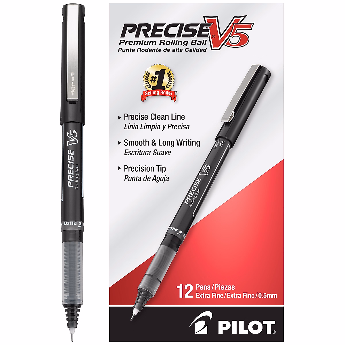 PILOT Precise V5 Stick Liquid Ink Rolling Ball Stick Pens, Extra Fine Point (0.5mm) Black Ink, 12-Pack (35334)