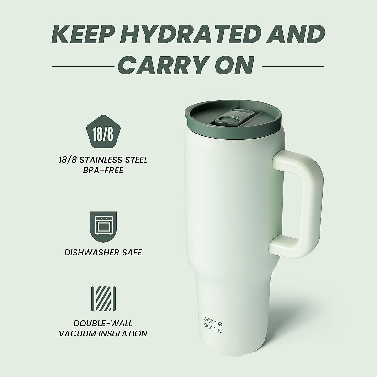 BOTTLE BOTTLE 40 oz Tumbler with Handle and Straw,Stainless Steel Vacuum Travel Mug,Car Cup with Straw, Stainless Steel Vacuum Water Bottle for Gifts Party Office Coffee (Green)