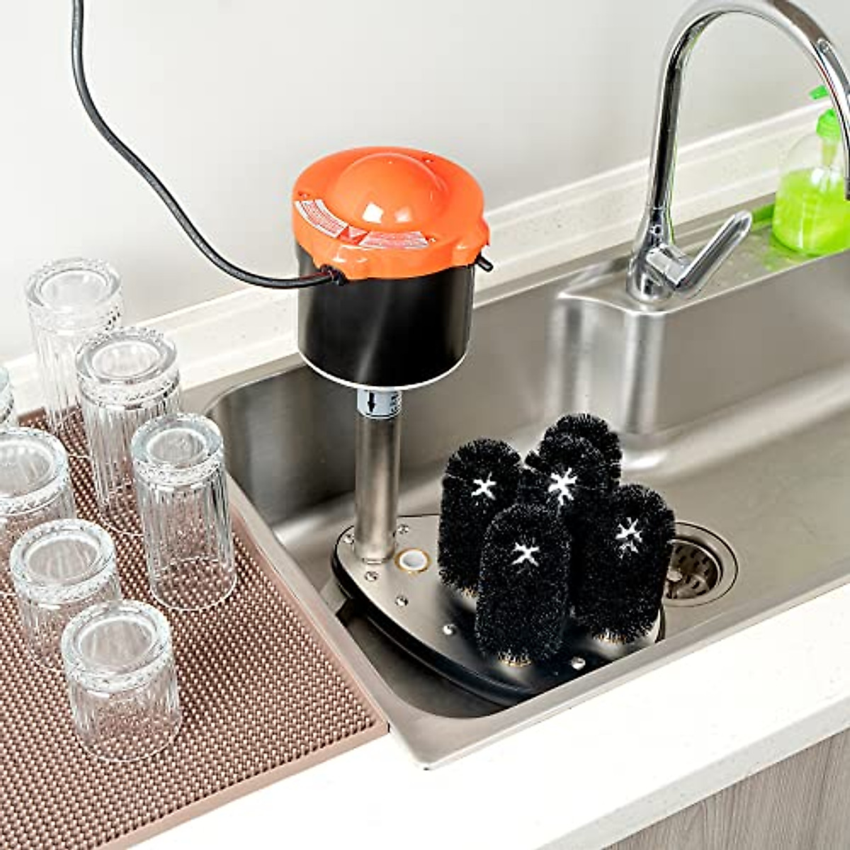 Restaurantware Clean Tek Professional 5-Brush Electric Glass Washer 1 Heavy-Duty Bar Washer - Upright For Bar Or Kitchen Stainless Steel Automatic Glass Washer 115V 1.3 HP NEMA 5-15P Plug