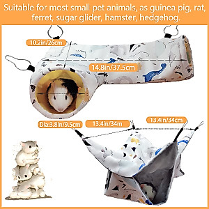 Guinea Pig Rat Corner Tunnel & Tubes Bunkbed Hammock, Guinea Pig Hideout for Small Pet Hedgehog Piggy Hamster Hide(1. Hammock&Tunnel-Dinosaur)