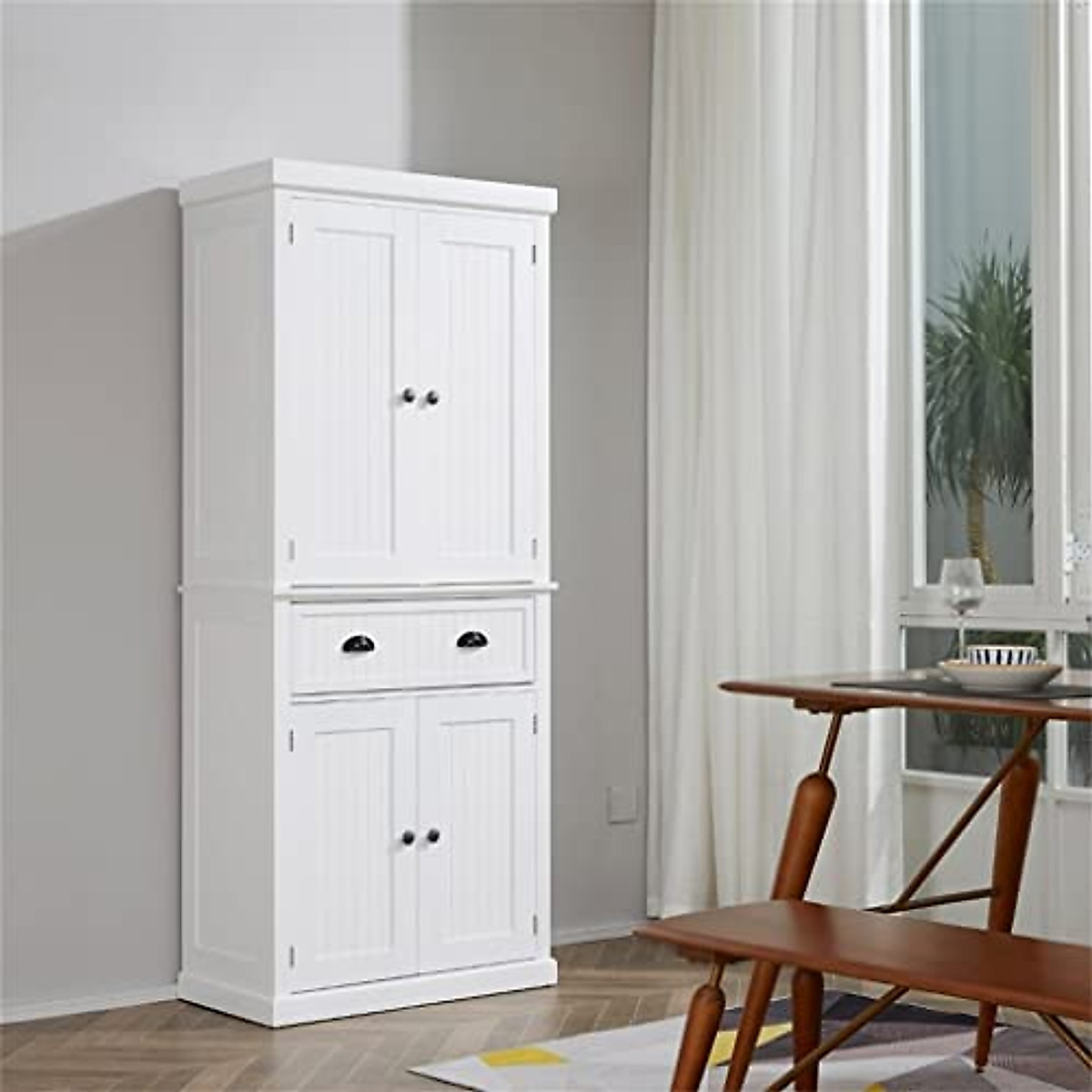 SEASD 72" Sideboard Traditional Freestanding Kitchen Pantry Cabinet Cupboard with Doors and 3 Adjustable Shelves, White