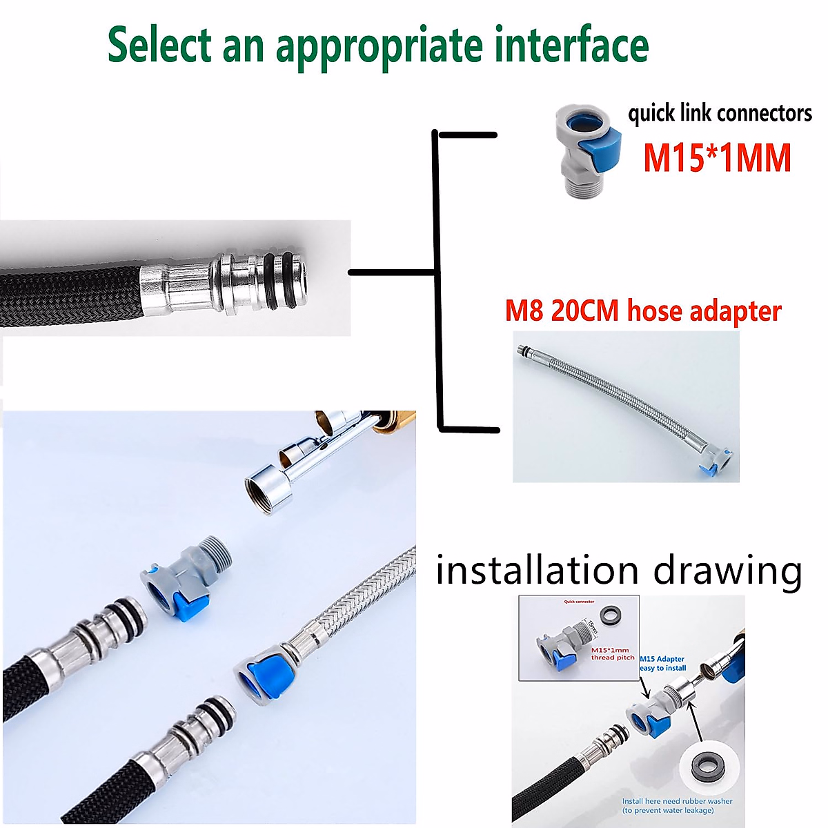 Pull DOWN kitchen faucet hose replacement M15*1MM (Upgrade G1/2 360° rotatable) Pull Down Faucet Sprayer Hose Pull out faucet hose replacement with quick connect,59-inch for Pluggable Nylon Hose