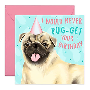 CENTRAL 23 - Happy Birthday Card - 'Never Pug-Get' - Cute Dog Pun - Birthday Cards for Him Her Men Women - Comes with Stickers