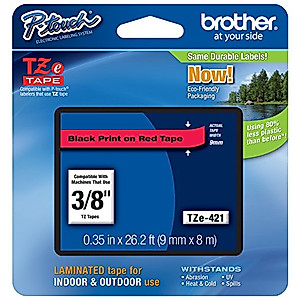 Genuine Brother 3/8" (9mm) Black on Red TZe P-Touch Tape for Brother PT-1400, PT1400 Label Maker