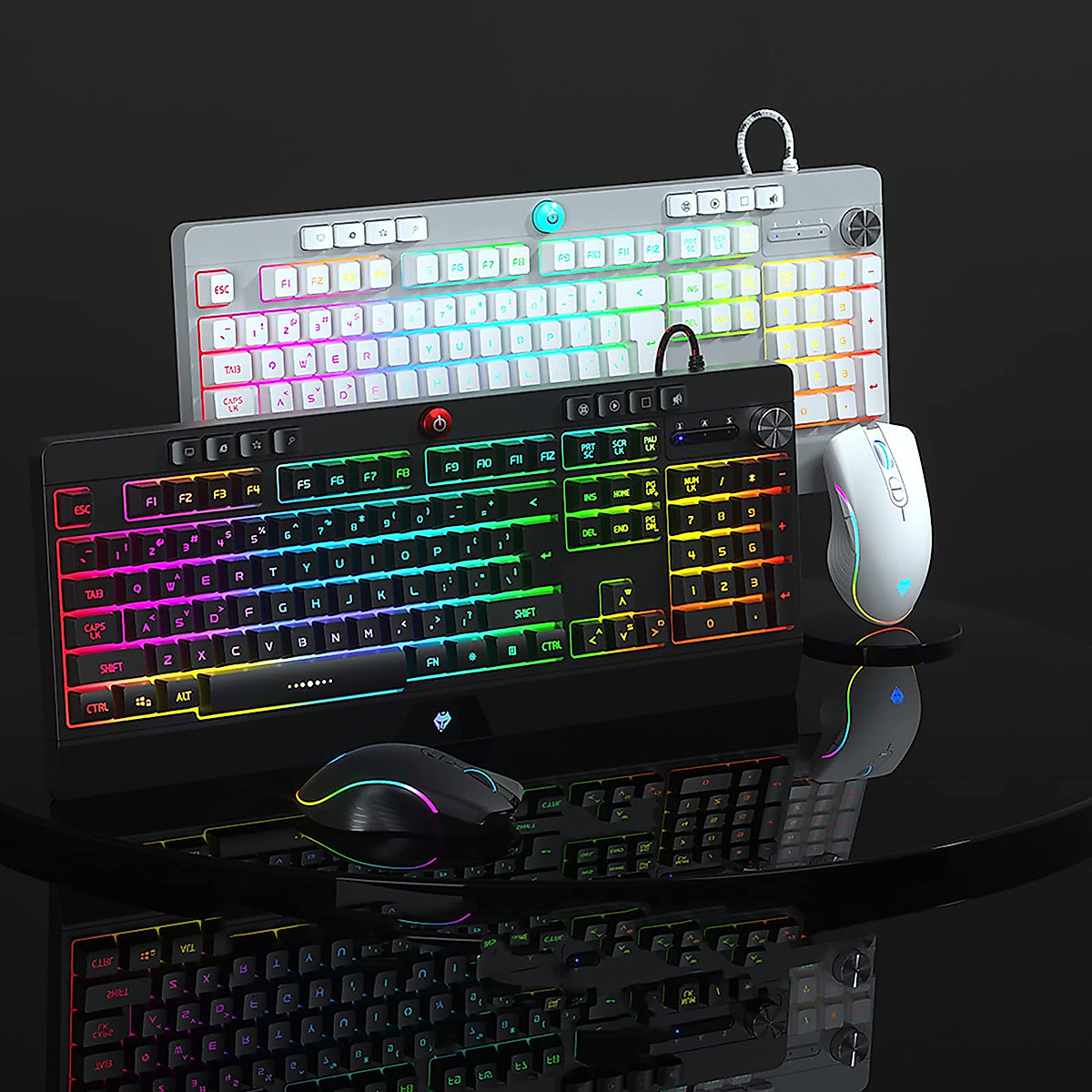 USB Wired Gaming Keyboard Mouse Set, 104 Keys, 10 RGB Backlit Modes, 19 Keys Anti-Ghost Keyboard, 1200-7200 DPI Mouse (White)
