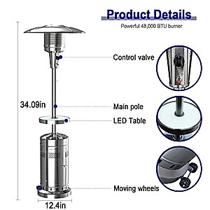PIONOUS 7 Set of Powerful Silver 48,000 BTU Patio Heater for Garden, Pool, Cruise, Outdoor, Deck, Fishing, with Wheels and LED Table