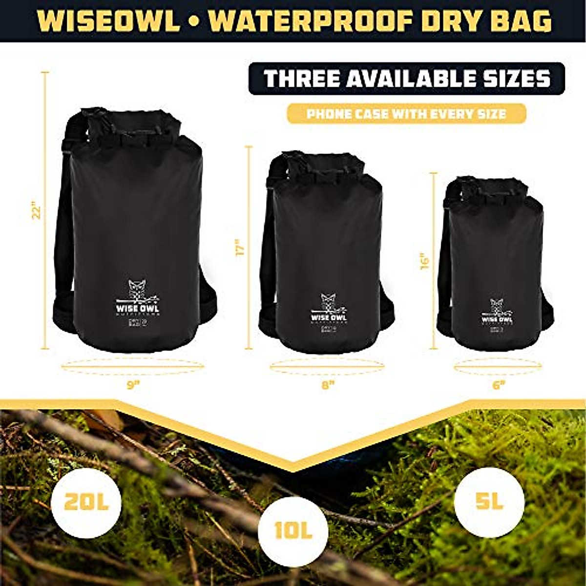 Wise Owl Outfitters Waterproof Dry Bag Backpack - Thick, Durable Water Bag for Kayaking, Camping, Boating, Beach and Outdoor Water Sports - Black, 5L