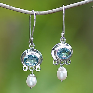 NOVICA Artisan Handcrafted Cultured Freshwater Pearl Blue Topaz Dangle Earrings | Pearl Silver Sterling Sky Fantasy Dangle Earrings | Gemstone Birthstone Themed Earrings Topaz Wedding Bridal Earrings
