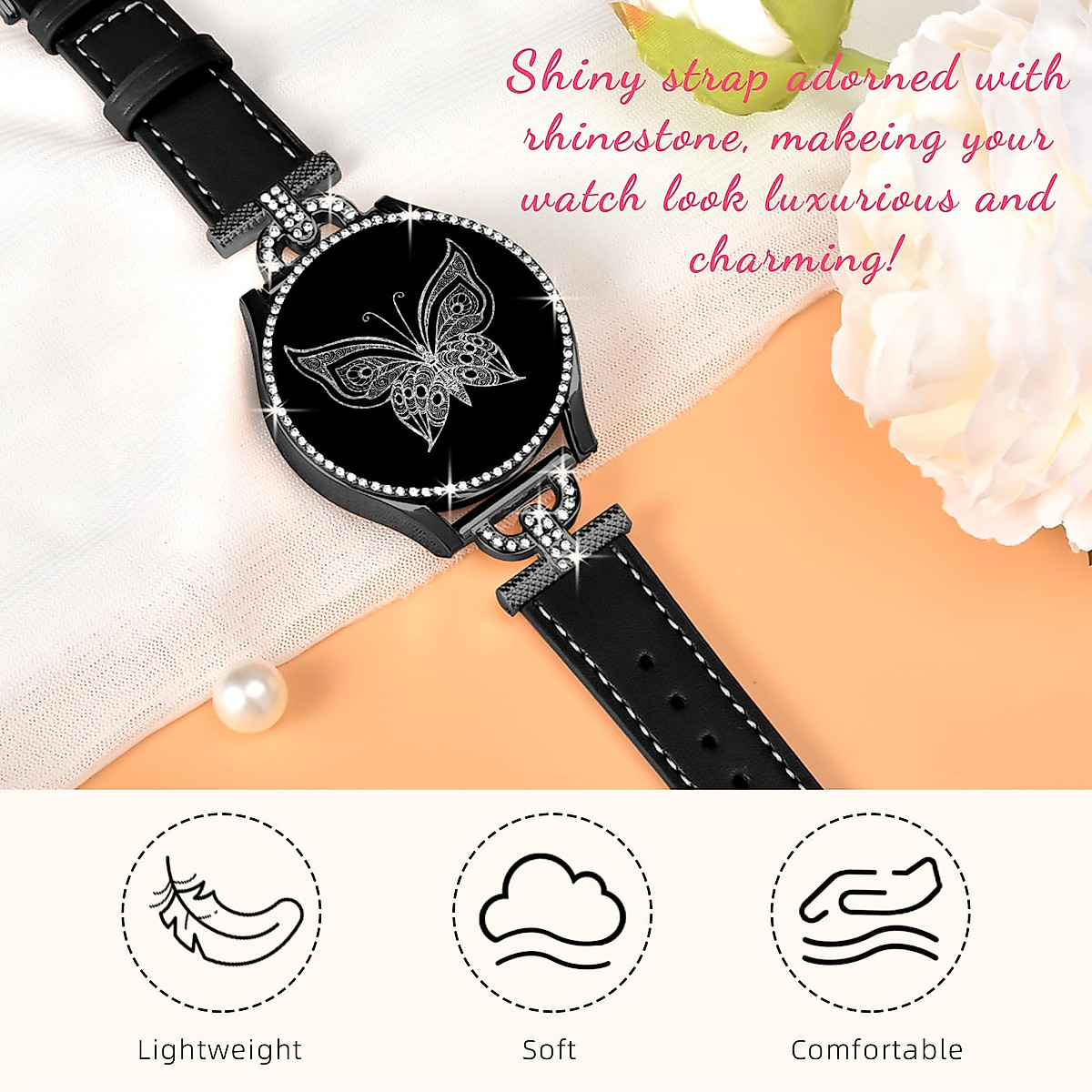 Shesyuki Luxury Genuine Watch Band with Case Compatible with Samsung Galaxy Watch 4&5 40mm 44mm，20mm Band with Glitter Screen Protector Case,Metal D-Shape Leather watch strap for Women