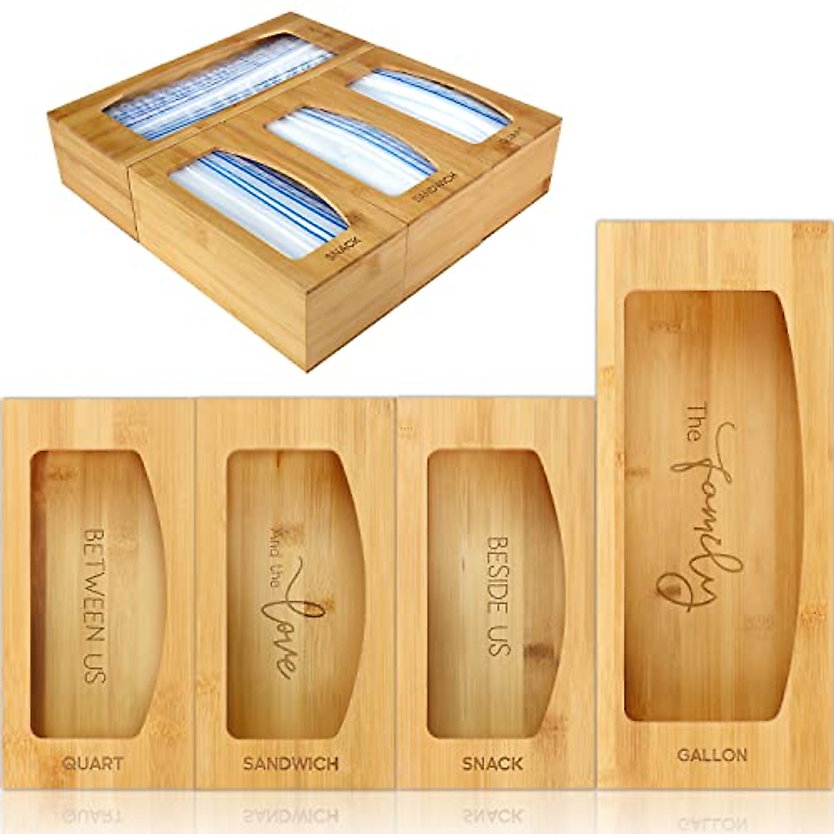 IOCREATIVE Ziplock Bag Storage Organizer - Food Baggie Holder for Kitchen Drawer - Sandwich, Snack, Quart & Gallon variety size bags - Compatible with Ziploc, Solimo, Glad, Hefty - Bamboo