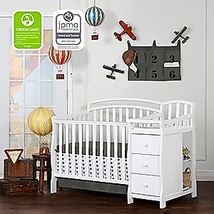 Dream On Me Casco 3-In-1 Mini Crib And Changing Table In White, Convertible Crib, Made Of Pinewood, Three Position Adjustable Mattress Height Settings