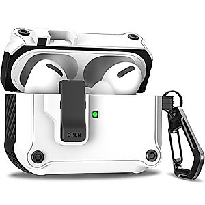 R-fun Airpods Pro 2nd Generation/1st Generation Case Cover with Automatic Snap Switch, Secure Lock Clip Super Protective for Airpods Pro Case (2019/2022) with Keychain for Men Women，White