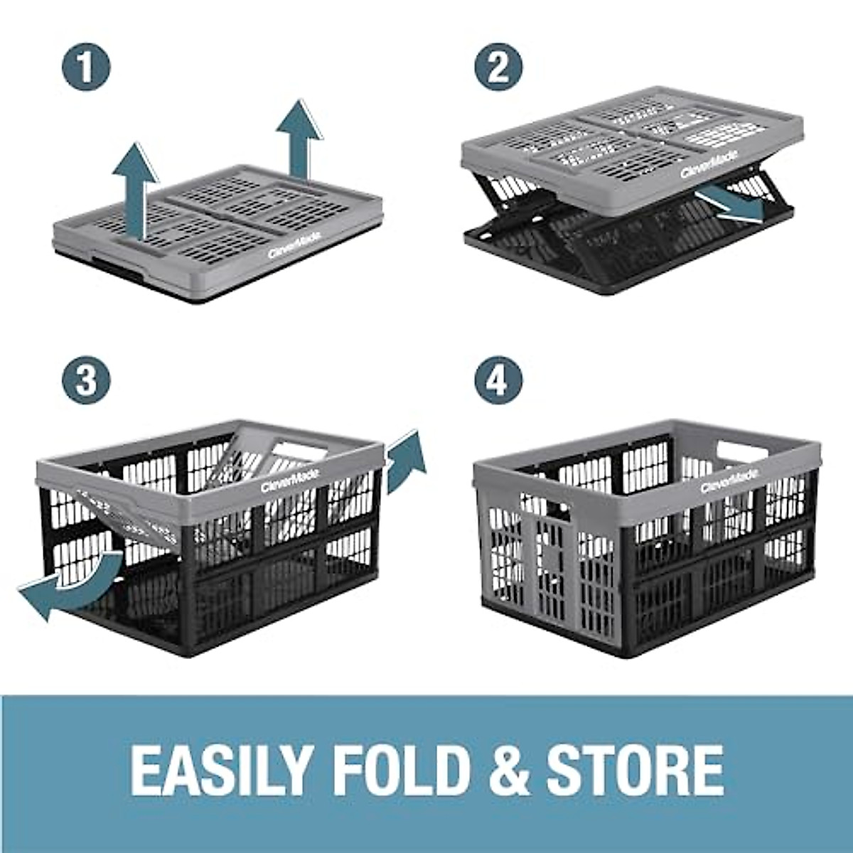 CleverMade Collapsible Utility Crate, Red, 1PK - 45L (11 Gal) Collapsible Storage Bins, Holds 66lbs Per Bin - Plastic Stackable Grated Wall Utility Containers, CleverCrates Baskets