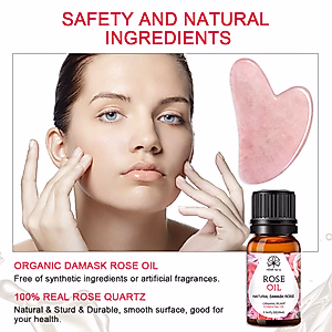 Gua Sha Facial Tools & Rose Gua Sha Oil in One Set, Rose Quartz Jade Stone Facial Skin Care Products to Reduces Puffiness Muscle and Promotes Blood Flow - with Nice Travel Pouch