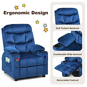 GLACER Kids Recliner, Velvet Adjustable Baby Recliner w/Cup Holder, Footrest, Lumbar Support, Armrests, Side Pockets, Kids Recliner Chairs for Toddlers for Boys Girls Age 3+, Toddler Recliner (Blue)