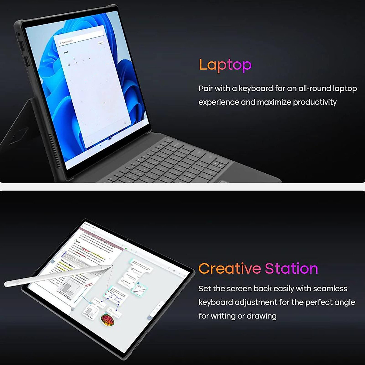 Cuifati 2 in 1 Tablet Laptop, 2K IPS Win 11 Office & Gaming Tablet 16GB Ram, 1TB Solid State Drive, Dual Camera, WiFi & Bluetooth, USB3.0 DC Type C Memory Card 3.5mm AUX