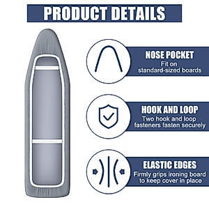 Hushee 2 Pack 19'' x 58'' Ironing Board Cover and Pad Scorch and Stain Resistant Iron Cover for Ironing Board with Elastic Edge Protective Scorch Mesh and 4 Fasteners for Home, Gray and Blue