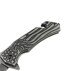 Falcon 8" U.S American Flag Eagle Engraved Assisted Open Tactical Stainless Steel Folding Clip Point Knife with Seatbelt Cutter and Glass Breaker