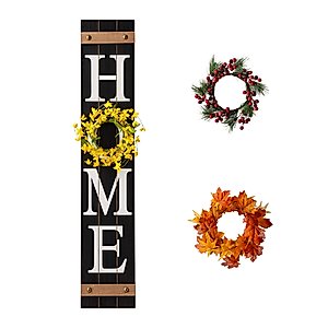 Glitzhome JKC01512B Wooden Welcome Sign for Porch Front Door Rustic Farmhouse Style Hanging Vertical Outdoor with Changeable Wreaths, 42"H, HOME
