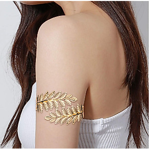 Finrezio Greek Goddess Headband Arm Cuff Bridal Jewelry Set Roman Laurel Leaf Branch Crown Armlet Upper Arm Band Bracelet Adjustable (A:Gold tone)
