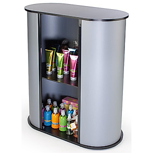 Trade Show Counter with Satin Gray Sidewalls, Interior Shelf, Lightweight Portable Construction.