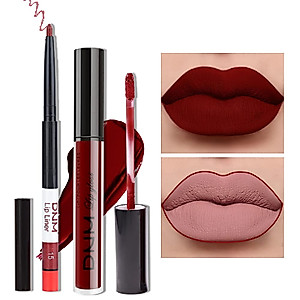 HAOYA 2 Pcs Matte Dark Red Lip Liner and Lipstick Makeup Set, Matte Liquid Lipstick 24H and with Lip Liner Set Kit Waterproof Long Lasting labiales mate 24 horas originales matte larga duracion 24#15