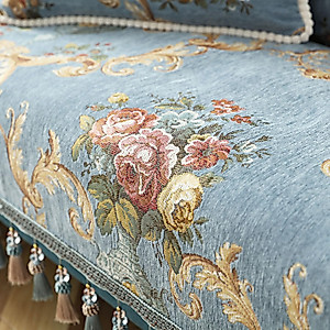 AiWinsure Couch Cover Blanket with Tassels Sofa Covers Loveseat Armchair Sectional Furniture Slipcover for Dogs Cats 3 Cushion Chenille Jacquard Flower One Piece (Blue,4 Seater-190 * 350cm)