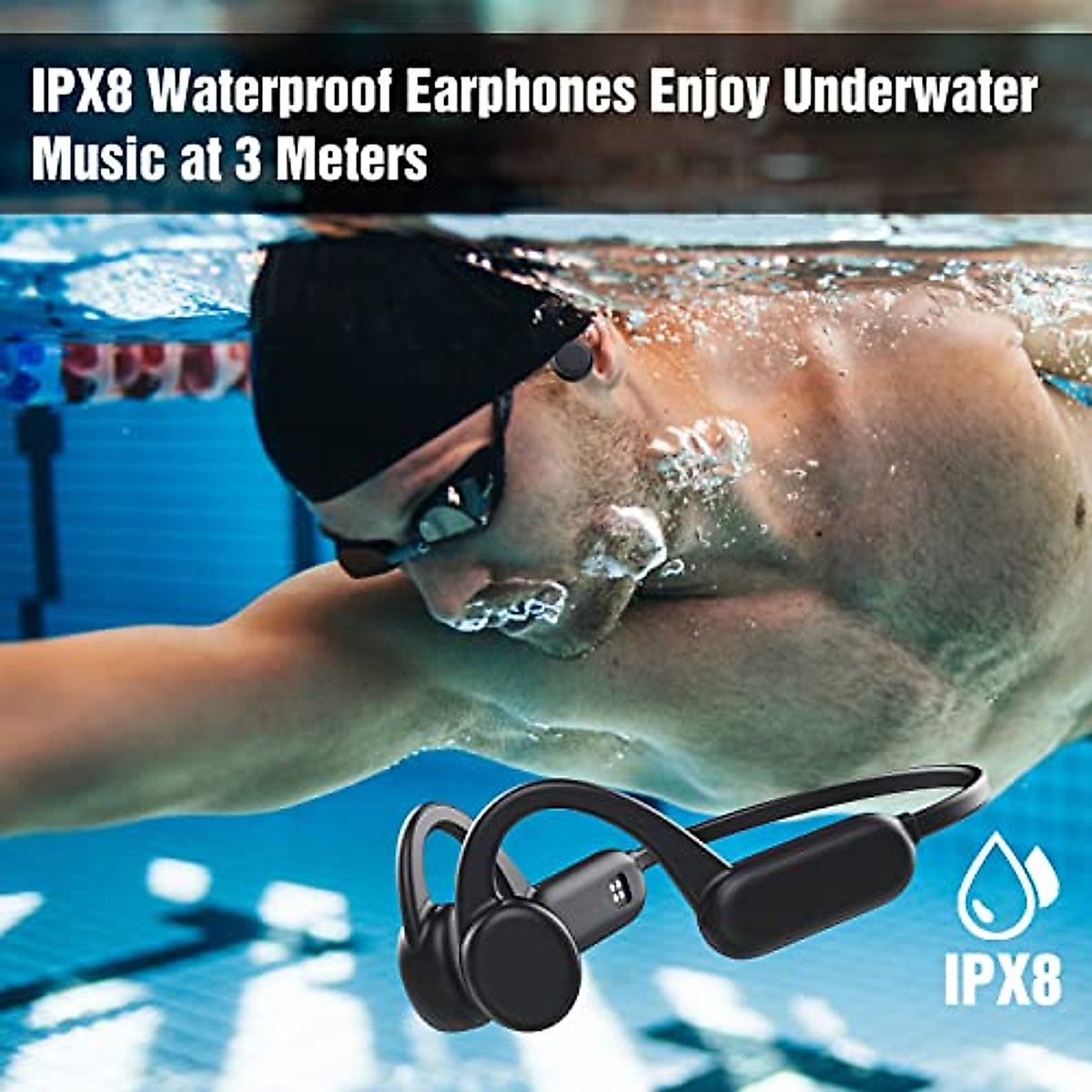 Pinetree Bone Conduction Headphones, Swimming Headphones IP68 Waterproof Earphones for Swimming, Open Ear Bluetooth Wireless Earphones with 8GB Memory for Running, Diving, Cycling,Swimming