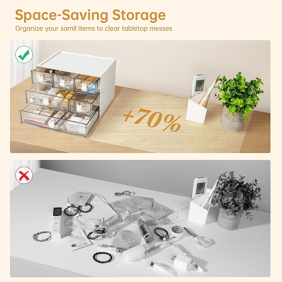 BEYGORM Desk Organizer with 6 Drawers - 3 Tier Kawaii Stackable Plastic Desk Accessories & Workspace Organizers,Aesthetic Office Supplies,Desktop Organization Art Storage for Makeup Pen(White)