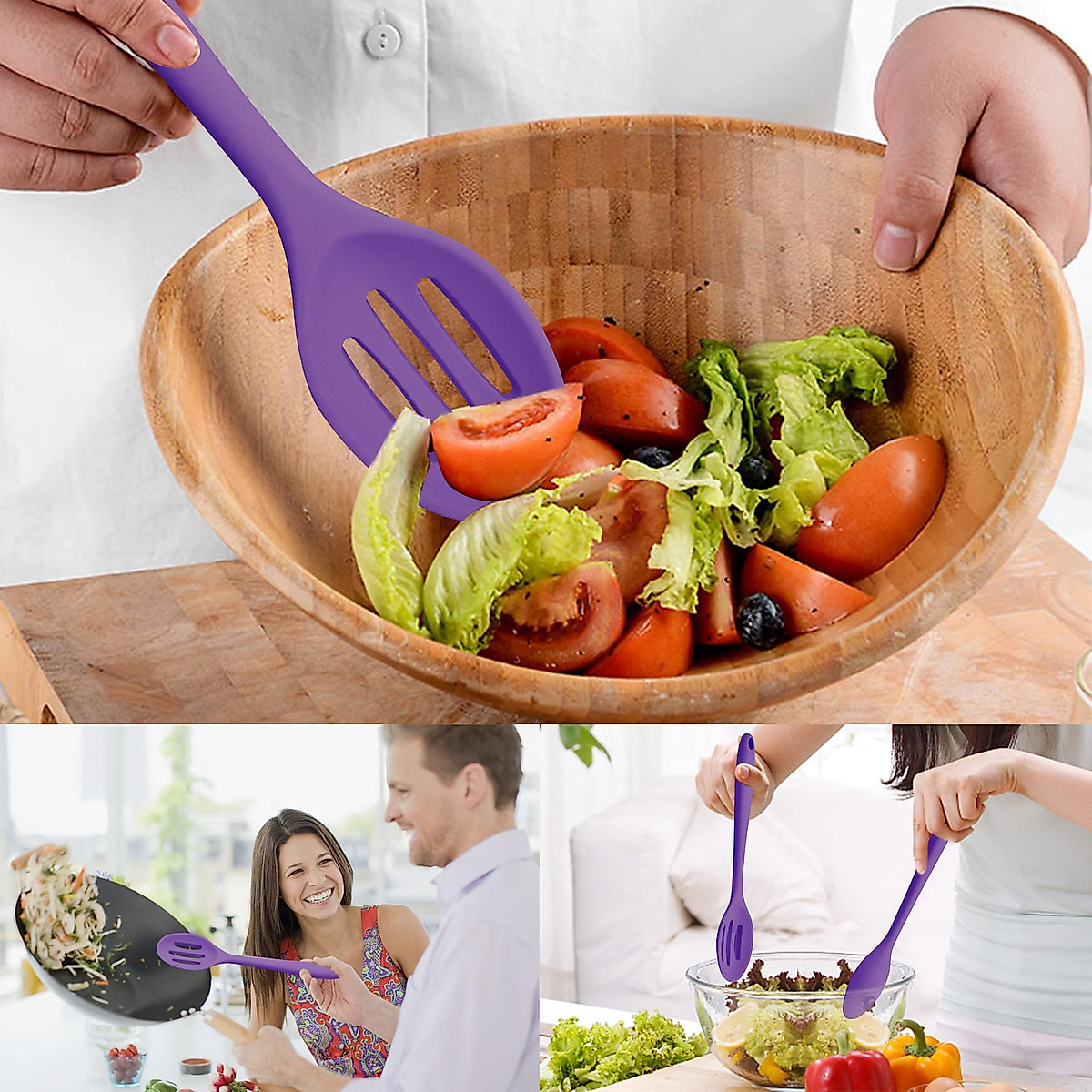 Silicone Cooking Spoons, Heat Resistant Large Silicone Pasta Slotted Spoon Solid Basting Spoon set for Nonstick Cookware, BPA Free Black Kitchen Silicone Spoons set for Mixing, Serving, Purple