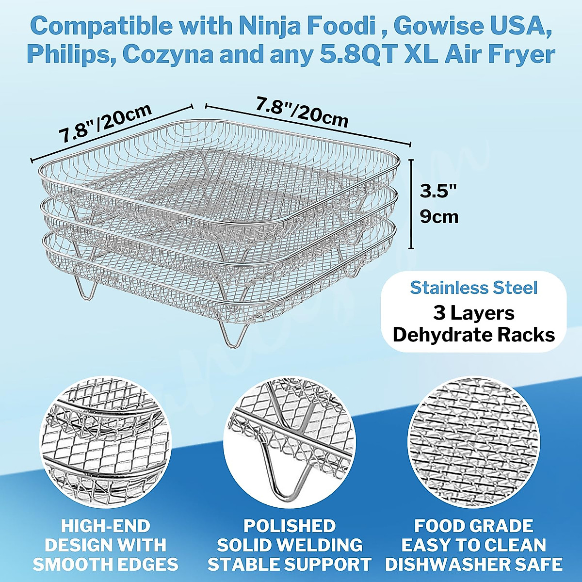 Air Fryer Accessories with 8pcs Foot Cover - 8" Square 3 Stackable Dehydrator Racks Fits 5.8 QT Air Fryer Racks for Cosori, Instant Vortex, Nuwave Air Fryer, Ninja Foodi Grill 304 Stainless Steel