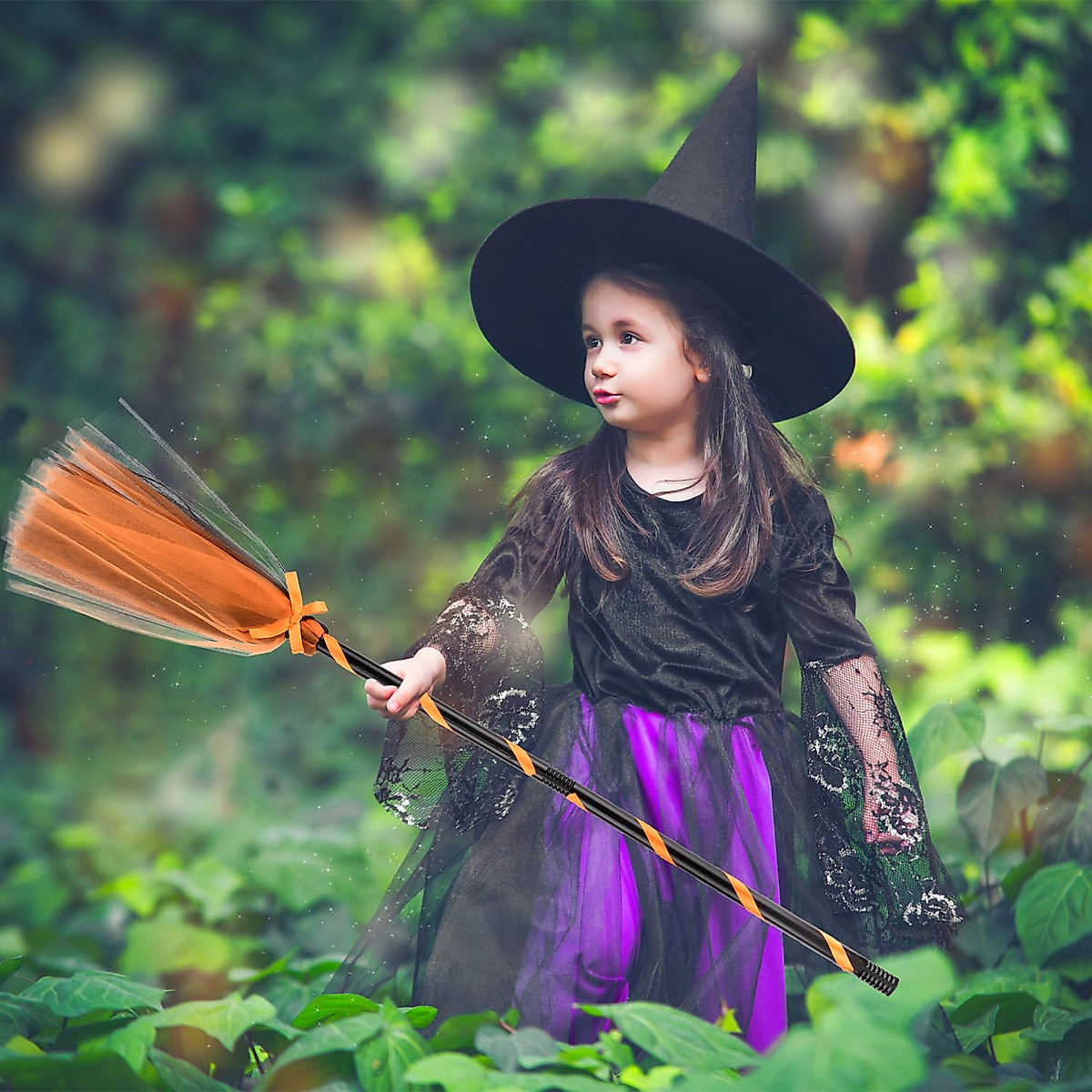 Reicyfang Halloween Witch Broom, Witch Broomstick Costume Accessories, Witch Broomstick Cosplay Broom Props, Halloween Witch Decoration Props, Realistic Wizard Flying Broom Stick Accessory (Orange)